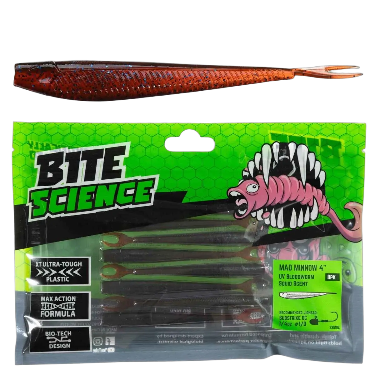 Bite Science Mad Minnow Lures 4" Uv Bloodworm - PK/8 | Outback Equipment
