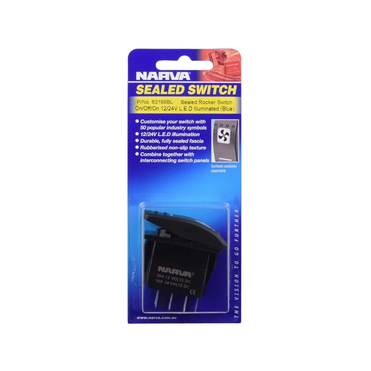 Narva 12/24V On/Off/On LED Illuminated Sealed Rocker Switch (Blue ...