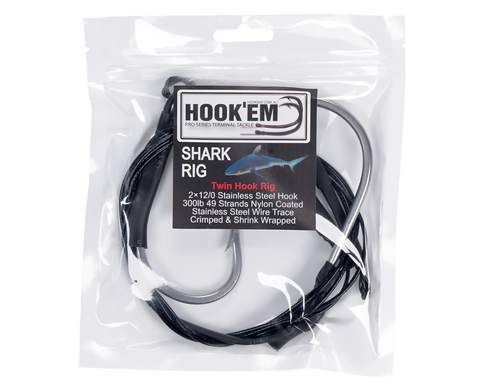 Hookem Shark Rig 12/0 Double Hook Rig Black Coated Stainless Wire 300Lb ...